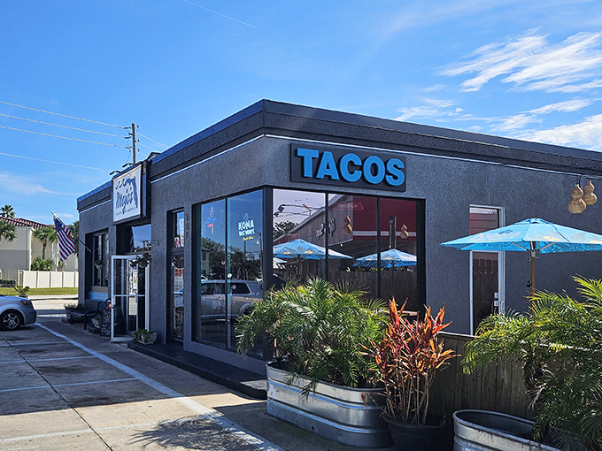 The unassuming exterior of Mojo's Tacos proves once again that the best food often hides in the most modest packages. Those blue umbrellas promise a cool respite from Florida's famous sunshine.