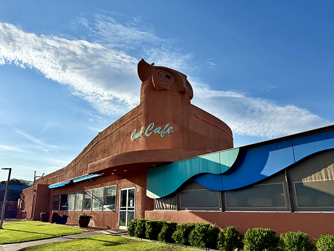 The iconic owl-shaped building stands proudly against the New Mexico sky, proving architecture can indeed be a hoot.