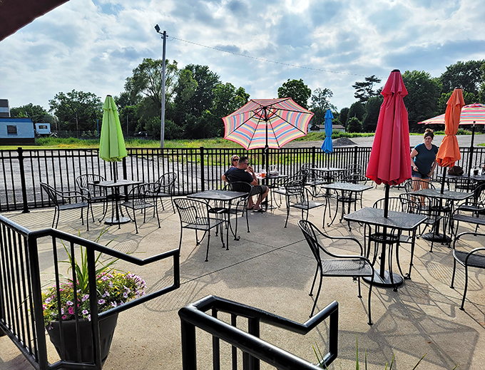 The patio at Smitty's offers colorful umbrella-shaded tables where you can enjoy your meal while watching the world go by. Ohio summer perfection!