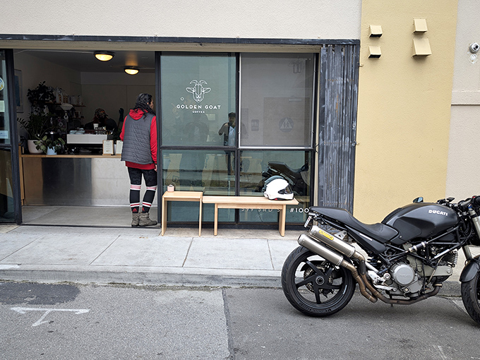 The unassuming storefront belies the treasures within&mdash;minimalist design with that distinctive goat logo promising caffeinated delights ahead.