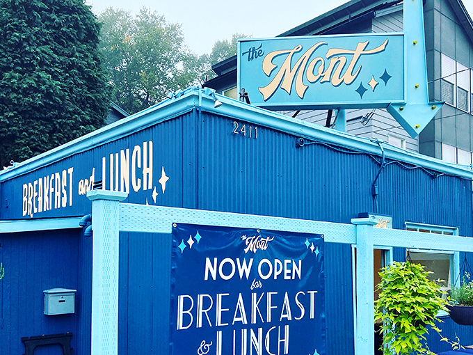 The Mont's vibrant blue exterior isn't just a building&mdash;it's a promise of good things to come, standing like a delicious beacon on Belmont Street.