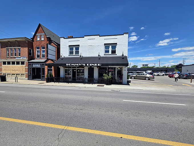 The unassuming exterior of Tommy's Diner in Columbus hides a breakfast paradise within. Classic American diner architecture at its finest.