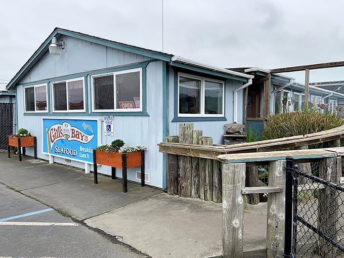 The unassuming blue exterior of Gill's By the Bay stands like a sentry at the edge of Humboldt Bay, promising seafood treasures within those weathered walls.