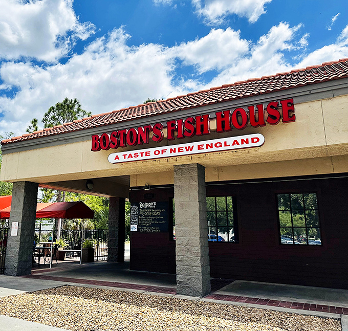 The bold red letters against the Florida sky promise New England treasures within&mdash;like finding a Red Sox cap at a beach party.