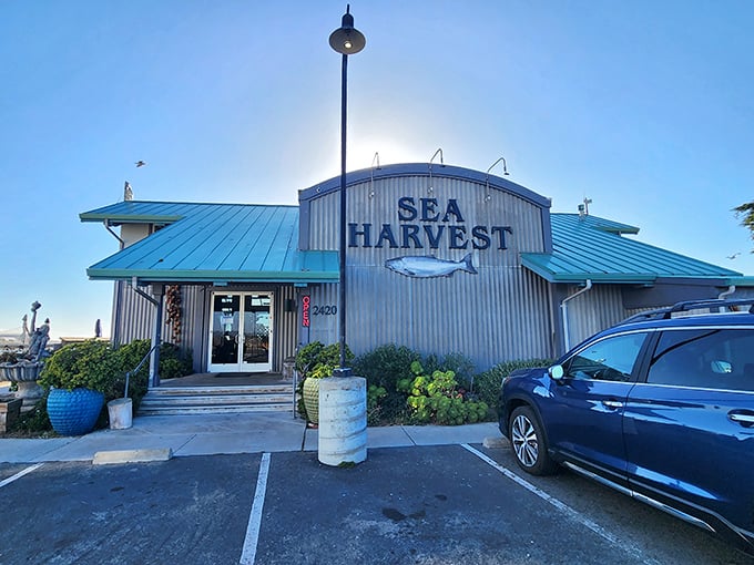 The corrugated metal exterior of Sea Harvest stands like a beacon of seafood salvation along California's central coast.