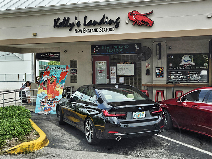 The unassuming storefront of Kelly's Landing hides a New England seafood paradise. That red lobster sign is basically saying, "Abandon your diet, all ye who enter here."