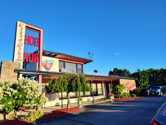 The iconic HOBNOB sign glows against the blue Wisconsin sky, a beacon for prime rib enthusiasts and cocktail aficionados alike.