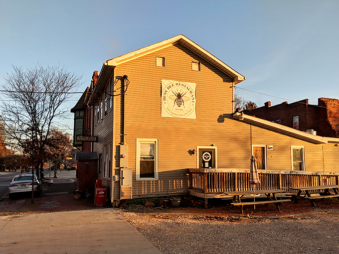 The honey-yellow exterior of Busy Bee beckons like a warm hug on a chilly Ohio morning, complete with inviting wooden deck for fair-weather dining.