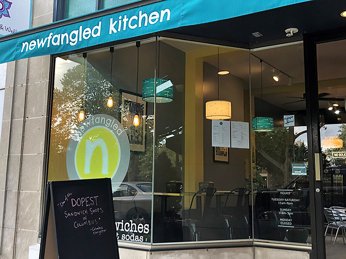 That turquoise awning isn't just eye-catching&mdash;it's a beacon for sandwich lovers across Ohio. Newfangled Kitchen's exterior promises culinary adventures within.