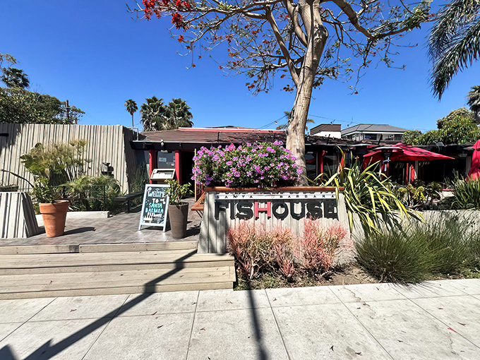 Santa Barbara sunshine illuminates the FisHouse entrance, where drought-resistant orange and purple coastal plants create nature's perfect welcome mat.