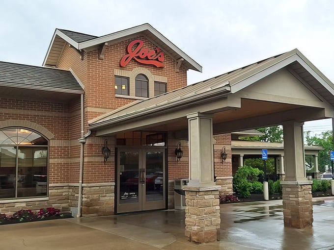 The iconic red "Joe's" sign welcomes hungry visitors to this brick-and-stone temple of delicatessen arts in Rocky River.