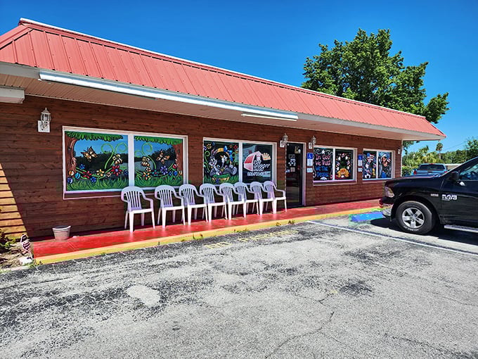 The unassuming exterior of The Biscuit Barn with its distinctive red roof promises no frills, just thrills for your taste buds. Breakfast paradise hiding in plain sight.