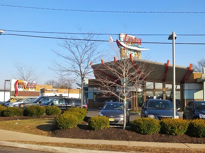 The iconic Skylark sign beckons hungry travelers along Route 1 in Edison &ndash; a retro-modern beacon promising diner delights beyond the ordinary.