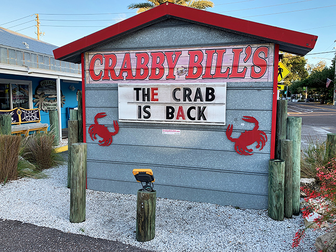 The iconic red-roofed sign at Crabby Bill's announces "THE CRAB IS BACK" &ndash; as if these delicious crustaceans ever left this Florida seafood haven.