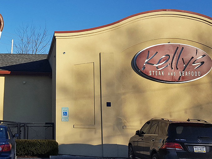 Kelly's distinctive curved roofline and warm tan exterior stands as a beacon for hungry travelers in Boalsburg, promising culinary delights within those welcoming walls.