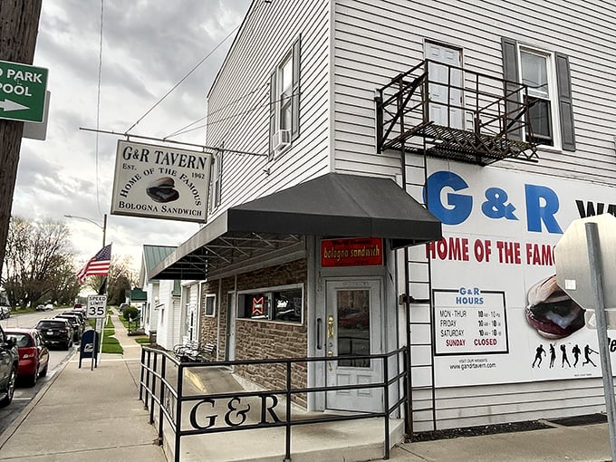 The unassuming white clapboard exterior of G & R Tavern in Waldo, Ohio&mdash;proof that culinary treasures often hide in plain sight.