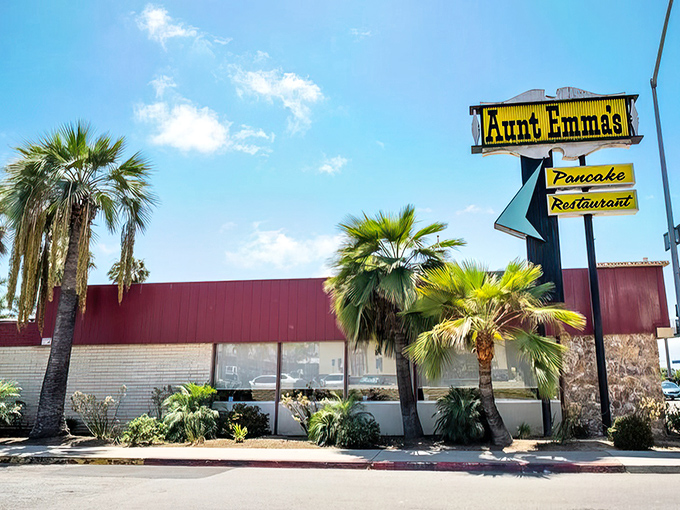 Mid-century meets morning magic! Aunt Emma's iconic exterior stands as a time capsule of classic California diner architecture, complete with those quintessential SoCal palm trees. 