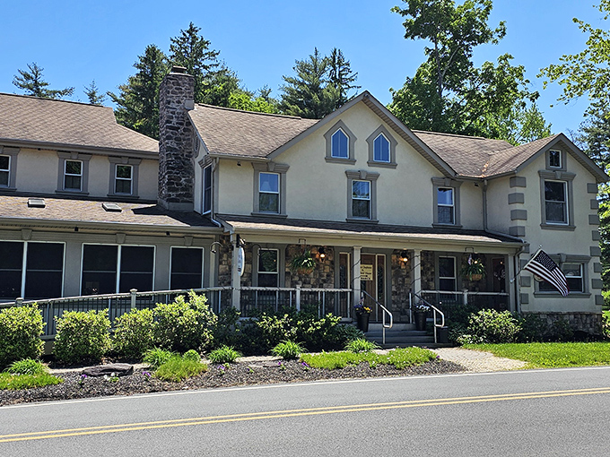 The charming converted country house exterior of Frogtown Chophouse promises culinary magic within its unassuming Pocono Mountain walls.