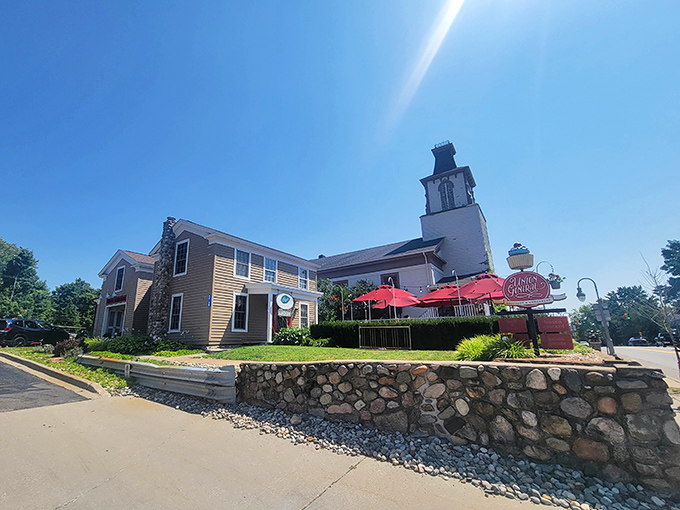 That distinctive tower beckoning you toward comfort food paradise - classic Clarkston architecture meets culinary destiny.