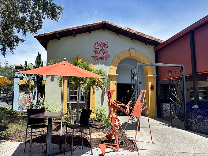 The Spanish-style exterior of Caf&eacute; Tu Tu Tango welcomes you with vibrant colors and quirky sculptures&mdash;like finding a Barcelona side street in the heart of Orlando.