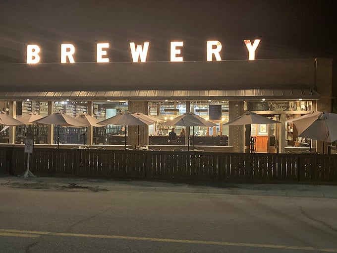 The unassuming brick façade of Greenbush Brewing Co. stands like a beacon for hungry travelers. That "BREWERY" sign isn't just decoration—it's a promise.