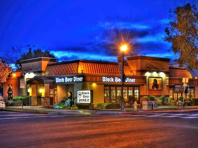 The Black Bear Diner glows like a woodland beacon at twilight, promising comfort food salvation for hungry travelers on California's I-5 corridor.