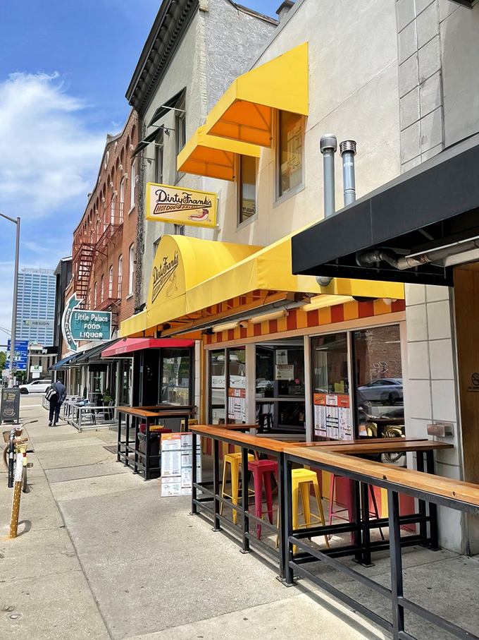 That sunshine-yellow awning isn't just a color choice—it's a beacon of hope for the hungry souls of downtown Columbus.
