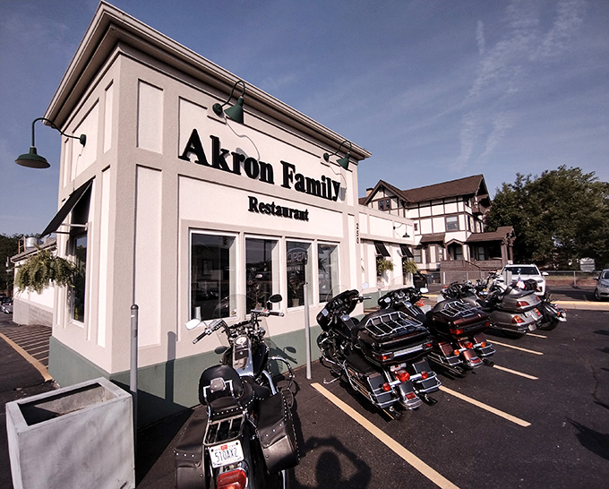 Motorcycles line up outside this local favorite. Even road warriors know where to fuel up properly before hitting the asphalt.