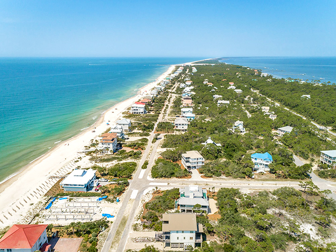 Aerial paradise where turquoise waters kiss sugar-white beaches, proving Mother Nature plays favorites with Florida's Forgotten Coast.