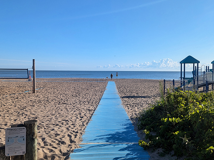 The blue boardwalk beckons like an invitation to paradise, leading visitors across golden sands to Lake Erie's refreshing waters.