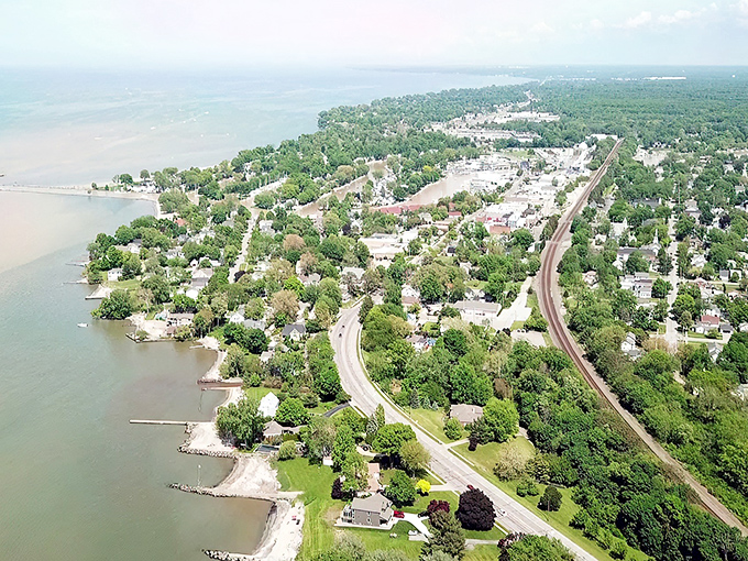 Vermilion from above looks like someone spilled a perfect small town between Lake Erie's blue waters and Ohio's lush greenery.