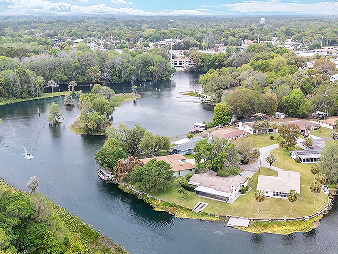 From this bird's-eye view, Dunnellon's waterfront homes embrace the crystal-clear Rainbow River, nature's version of beachfront property without the hurricane insurance premiums.