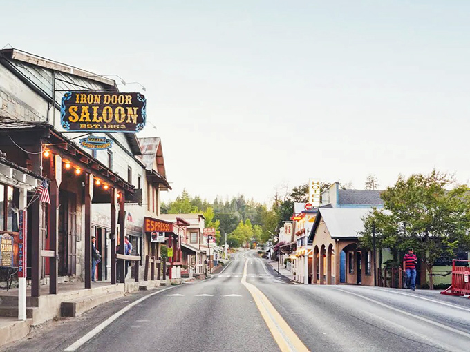 Main Street Groveland whispers Gold Rush tales while the Iron Door Saloon sign promises cold drinks and warm stories beneath Sierra skies.