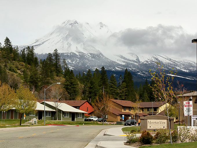 Mount Shasta looms majestically over Weed's residential neighborhoods, proving that million-dollar views don't always require million-dollar mortgages.