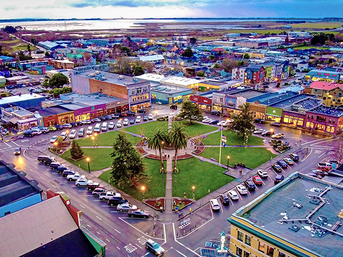 Arcata's historic Plaza from above &ndash; where small-town charm meets big-time beauty. Those palm trees aren't just for show; they're California's welcome committee.