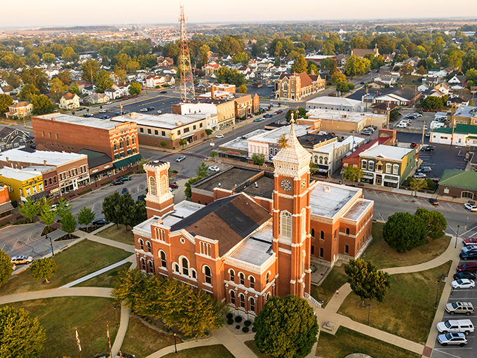 Greensburg from above looks like a Norman Rockwell painting come to life, complete with that iconic courthouse tower standing sentinel over the town's peaceful streets.
