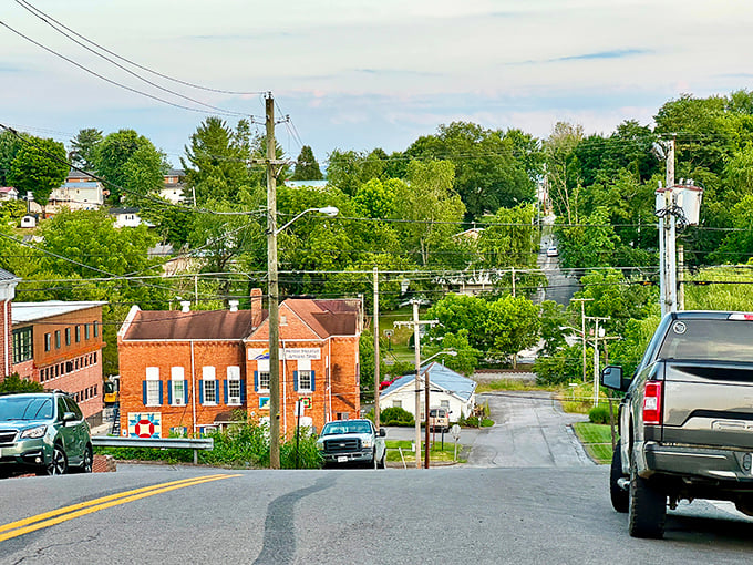 The historic brick church stands as Abingdon's architectural crown jewel, its steeples reaching skyward like a postcard from another era.
