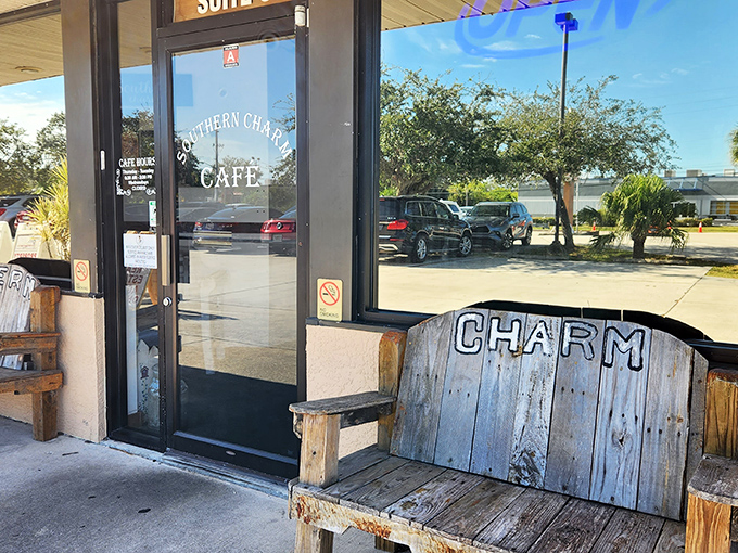 "CHARM" indeed &ndash; this weathered wooden bench outside speaks the truth about what awaits inside this Port Canaveral gem.