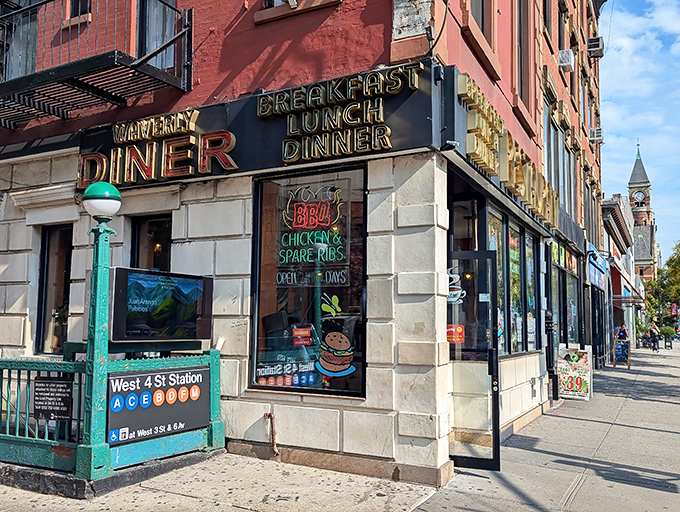Classic Greenwich Village corner charm meets subway convenience - your eggs Benedict adventure starts here.
