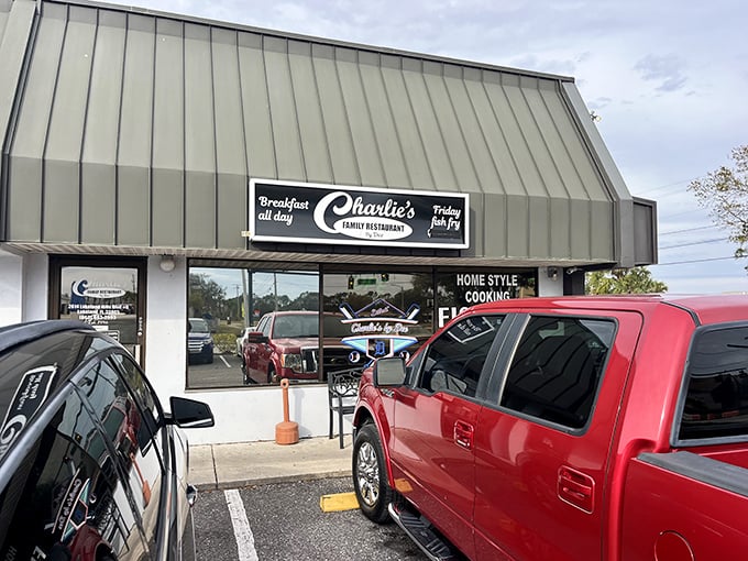 Charlie's modest exterior promises no frills, just honest-to-goodness breakfast magic waiting inside. The signage signals you've arrived at breakfast paradise.