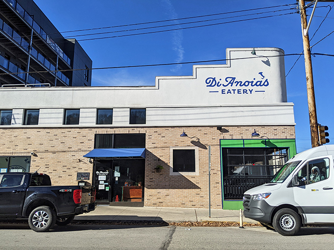 The corner spot with the bright green window frames isn't trying to hide &ndash; DiAnoia's announces itself to Pittsburgh's Strip District with confident charm.