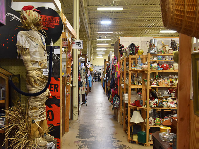 Narrow aisles lead to endless possibilities. That mummy-wrapped figure isn't just Halloween decor—it's guarding treasures that would make Indiana Jones jealous.
