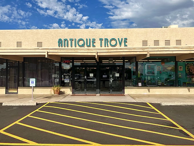 The unassuming exterior of Antique Trove belies the wonderland within. Like a time machine disguised as a strip mall storefront.