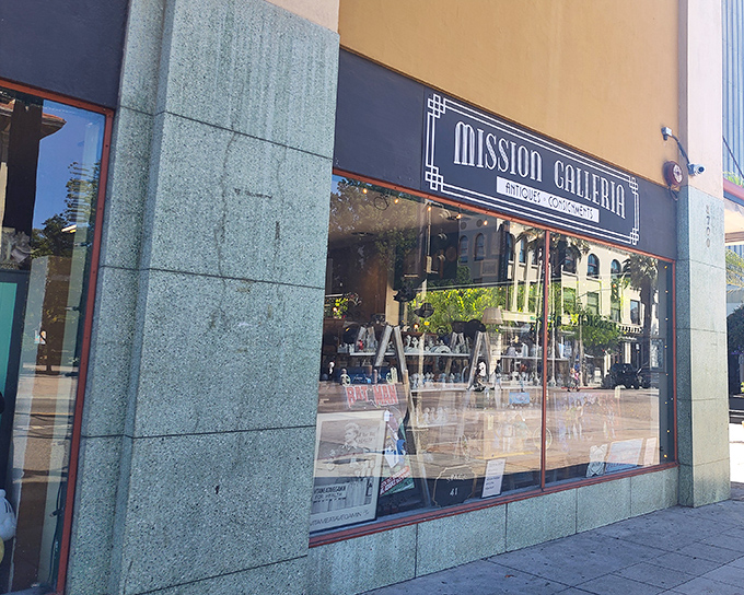 The unassuming storefront of Mission Galleria beckons like a portal to the past. Downtown Riverside's treasure chest awaits behind that elegant signage.