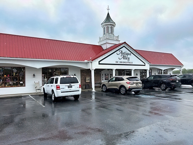 Rain or shine, this charming storefront welcomes bargain seekers with its patriotic bunting and promise of affordable nostalgia inside.