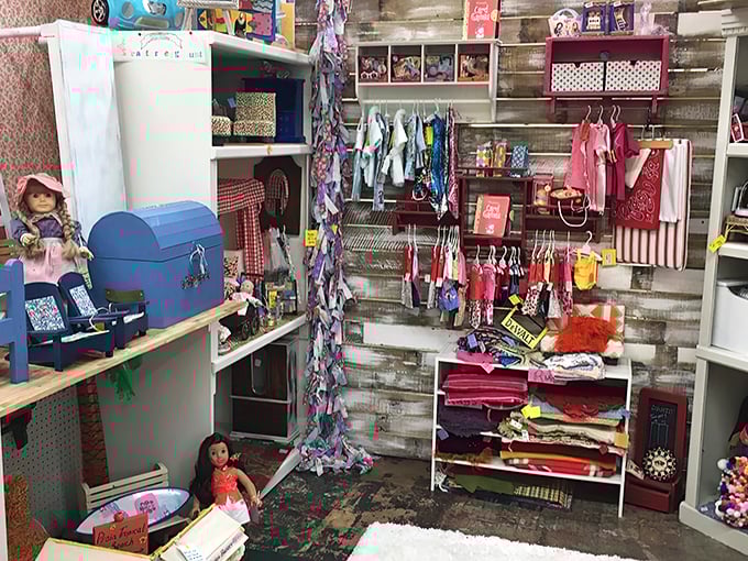 A treasure hunter's paradise where vintage dolls and colorful fabrics create a nostalgic playground. Every shelf tells a different story.