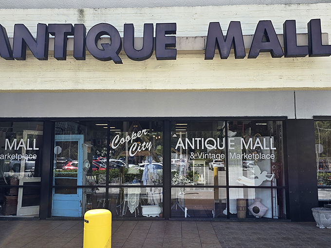 The mint-green facade with its bold "ANTIQUE MALL" signage promises treasures within &ndash; like a time machine disguised as a Florida strip mall.