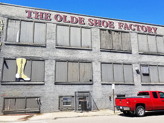The imposing brick facade of the Olde Shoe Factory Antique Mall stands as a time capsule in Lancaster, beckoning treasure hunters with promises of nostalgia and discovery.