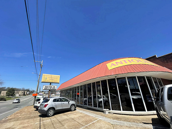 The iconic red-roofed Goodlettsville Antique Mall stands proudly against the Tennessee sky, like a beacon calling to treasure hunters everywhere.