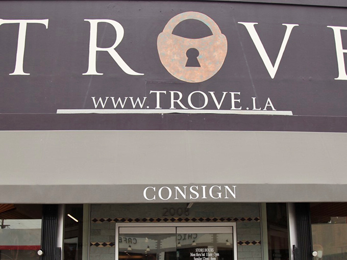 The iconic TROVE storefront beckons with its lock-and-key logo, promising hidden treasures behind its doors for savvy Los Angeles shoppers.